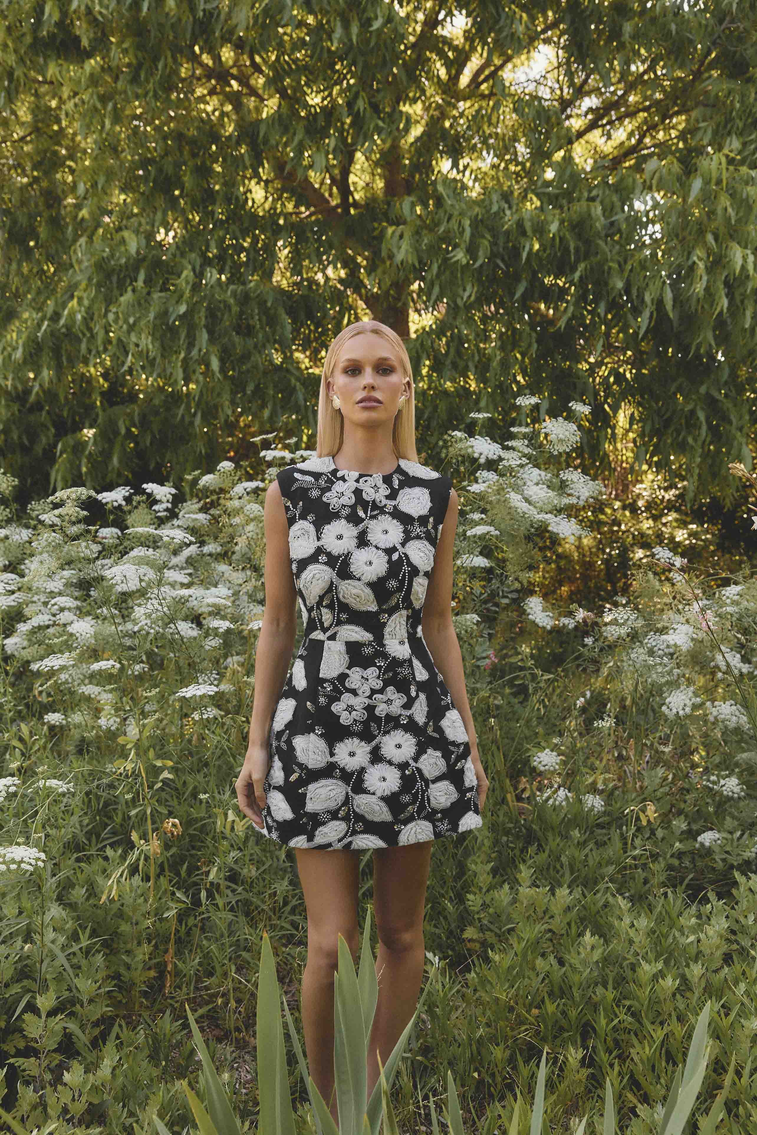 Carol Tulip Mini Dress in Black & White | Embroidered Floral Finish ...