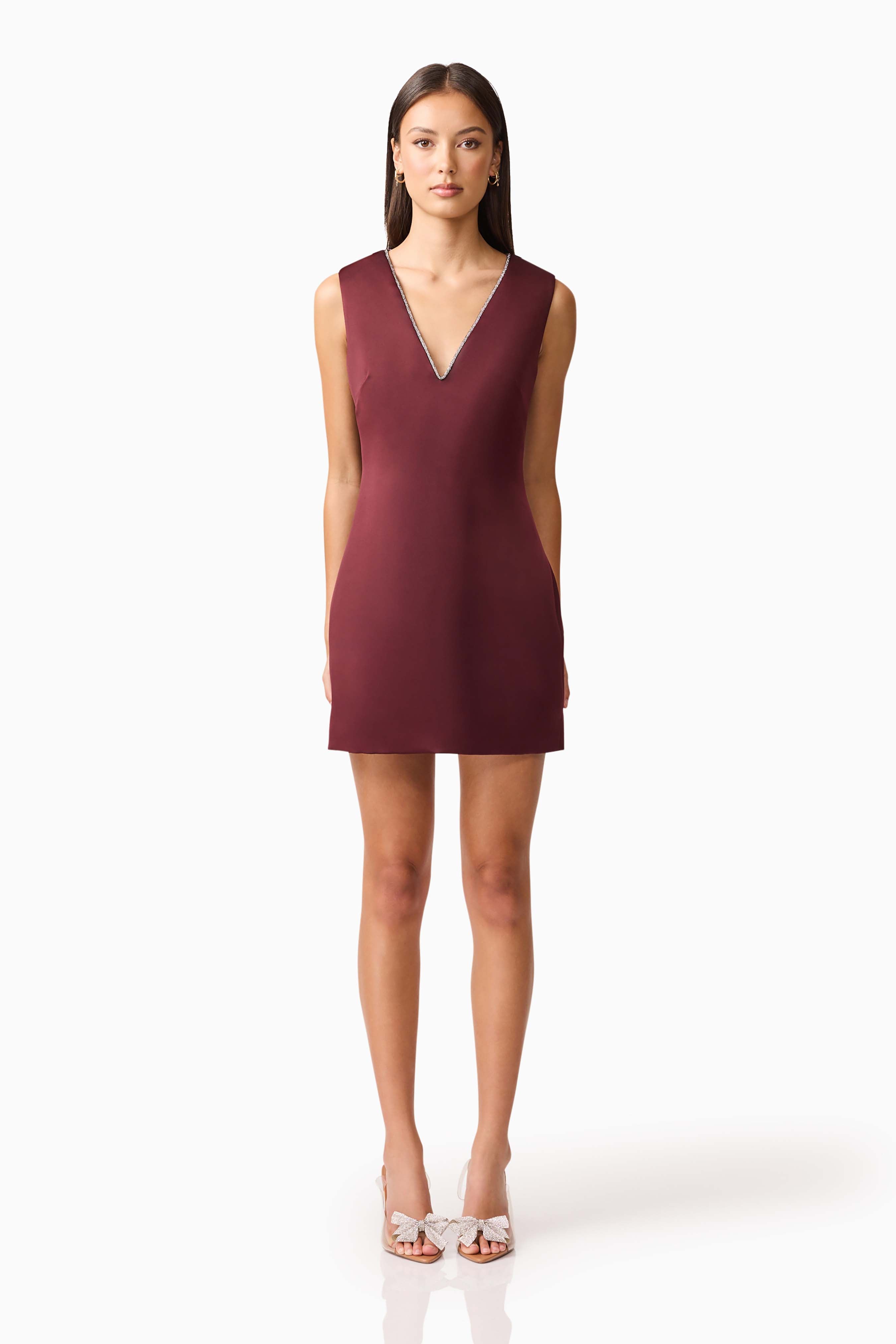 Livia Shift Mini Dress in Burgundy – Rhinestone Detail – Elliatt