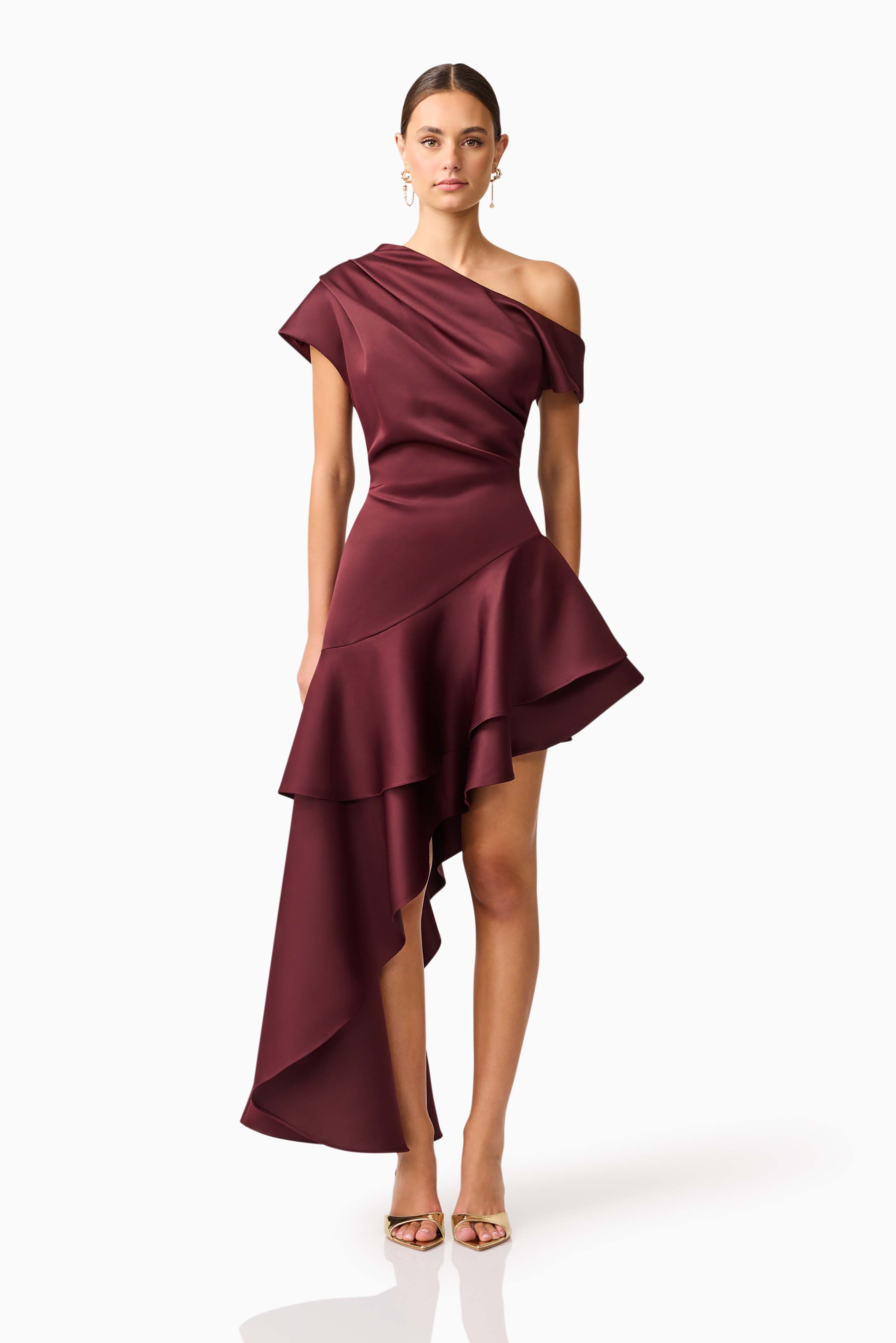 Livia Asymmetrical Gown in Burgundy | Frill Tiers & Satin Finish – Elliatt