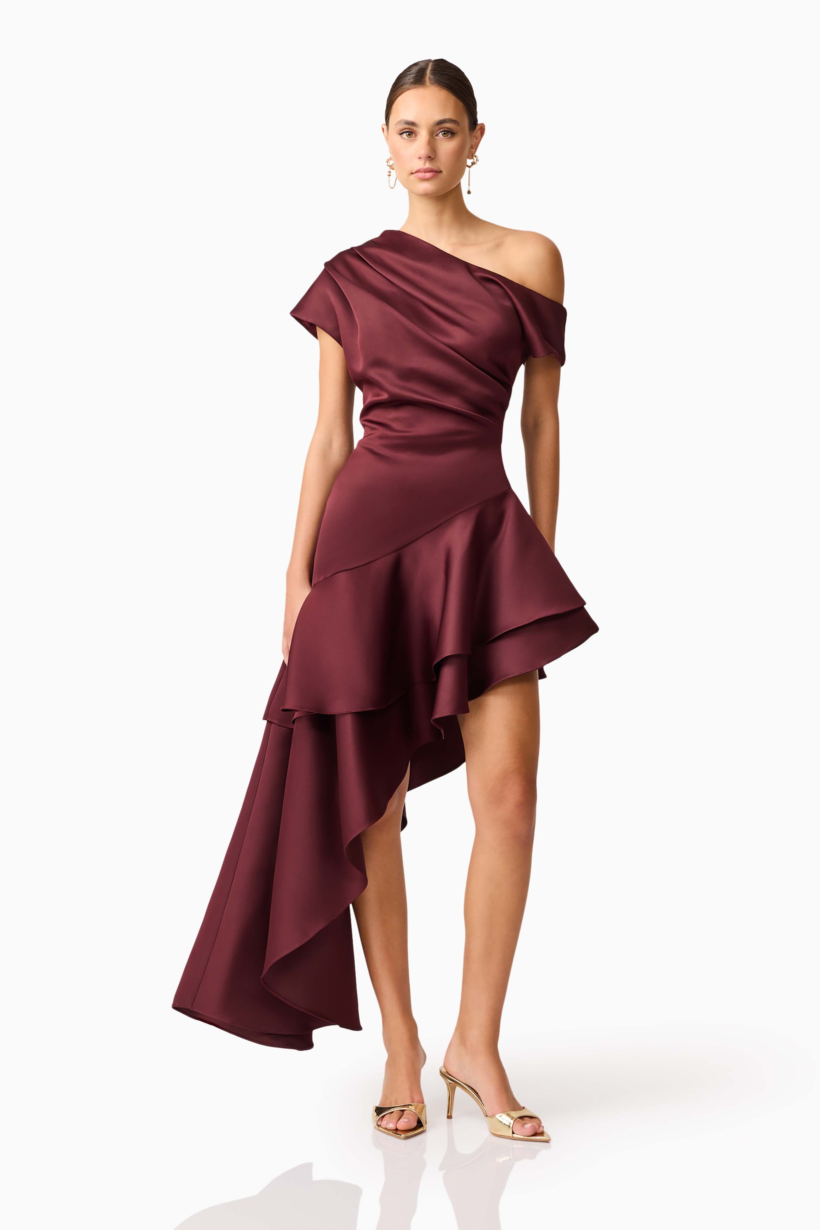 Livia Asymmetrical Gown in Burgundy | Frill Tiers & Satin Finish – Elliatt