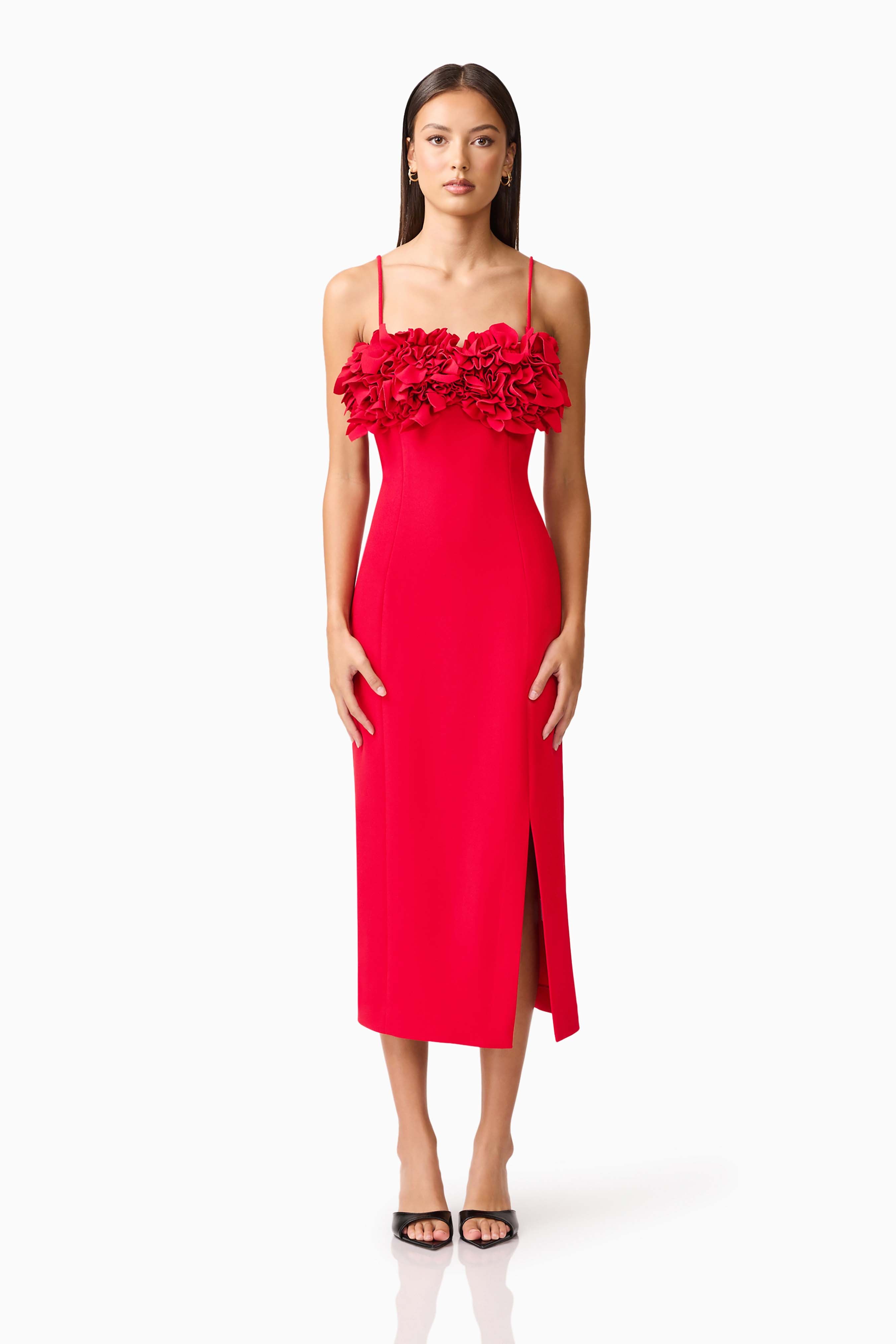 Lila Fitted Midi Dress in Red | Strapless with Rosette Detail – Elliatt