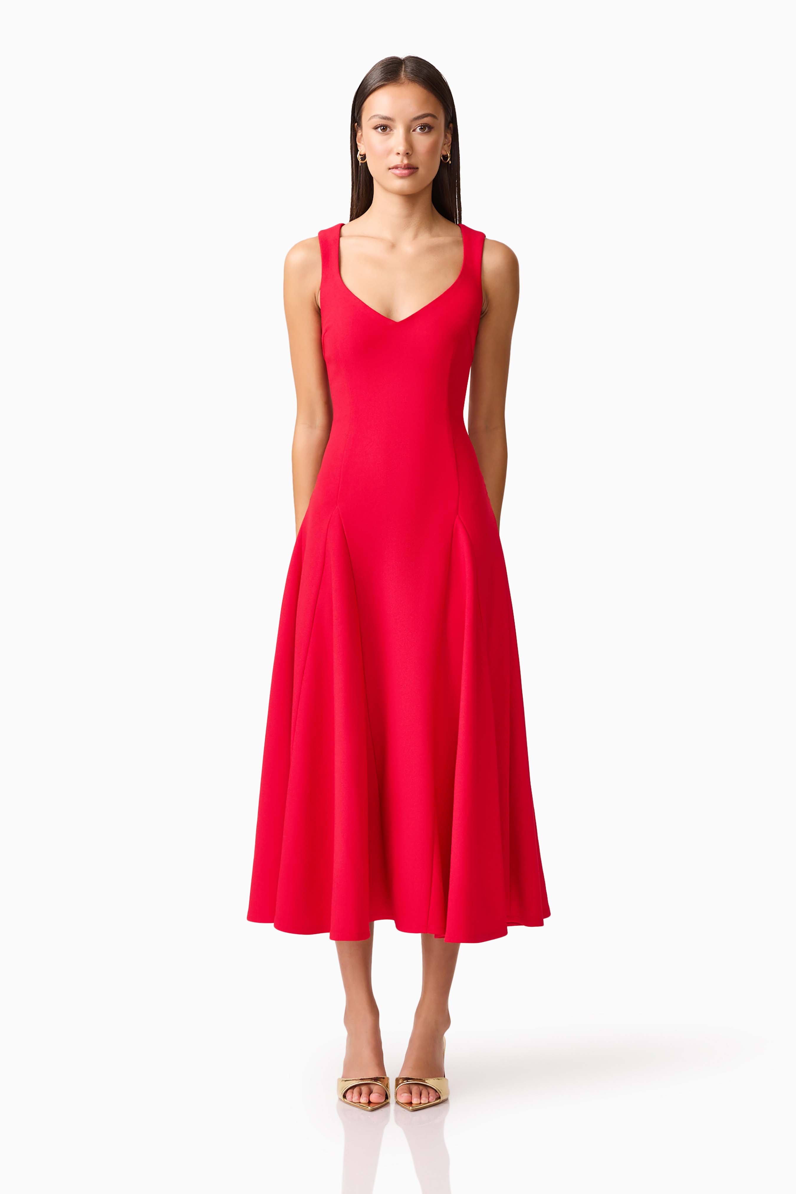 Lila A-Line Midi Dress in Red | Elegant Shape with Flared Skirt – Elliatt