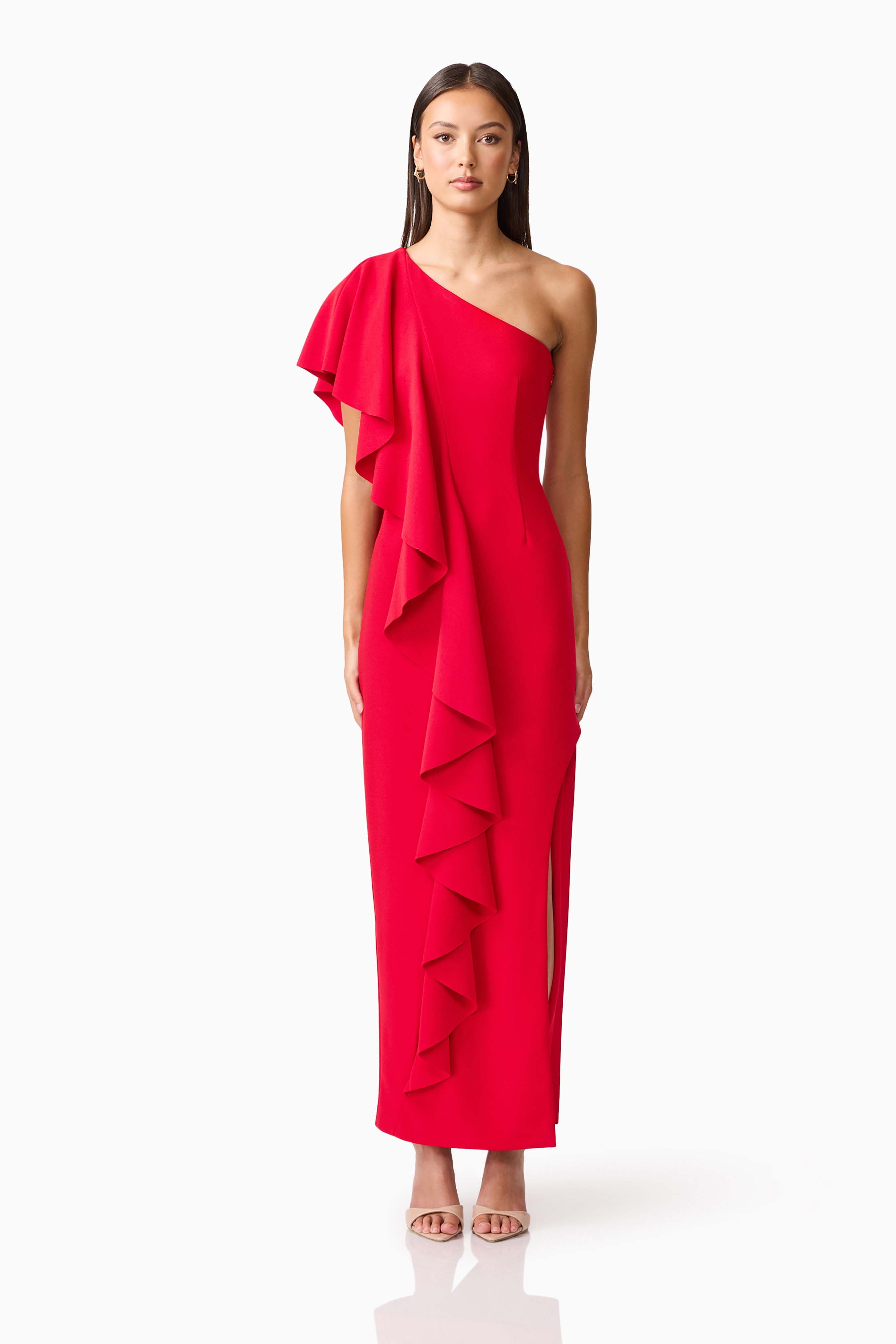 Lila Asymmetrical Gown in Red | Frill Panel Detail – Elliatt