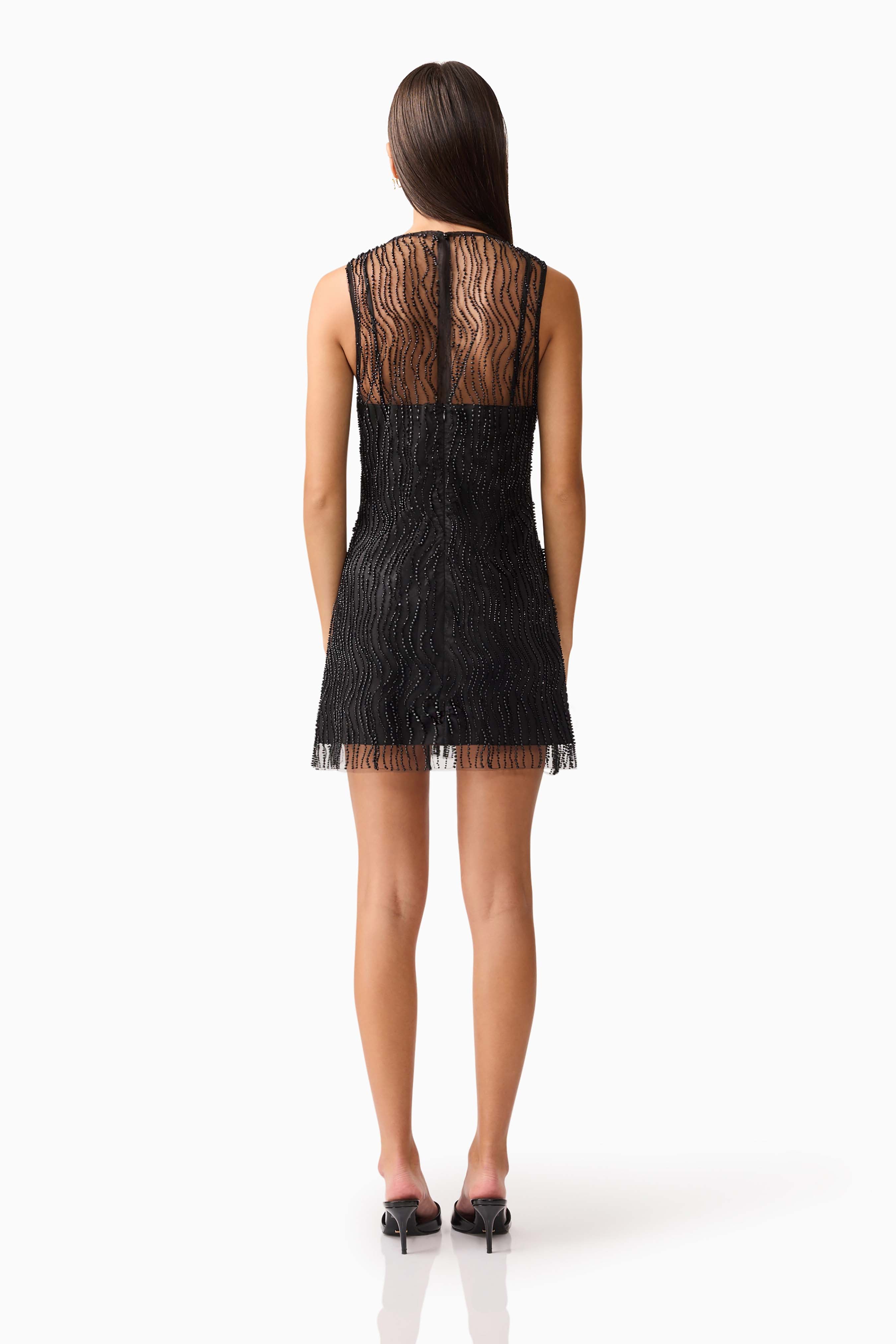 Margot Party Shift Mini Dress in Black | Pearl Mesh Detail – Elliatt