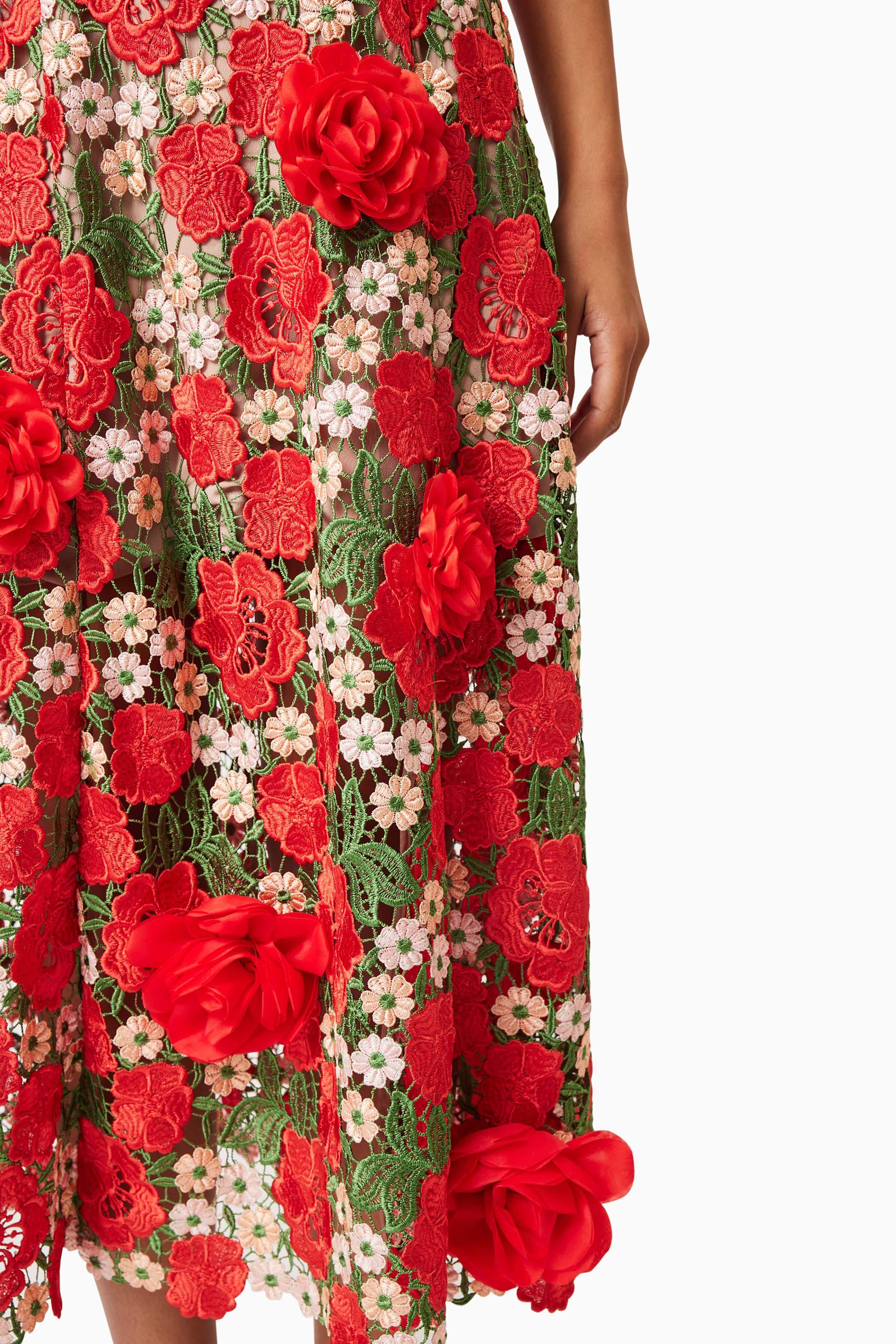 Roselyn Embroidered Midi Dress In Red | 3D Flowers – Elliatt