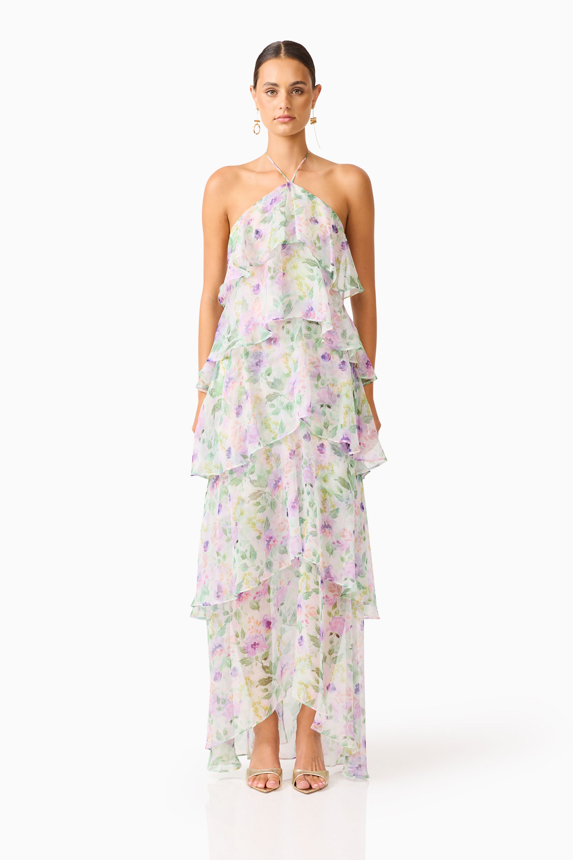 Mirabelle Cocktail Dress in Floral | Halter Neck & Tiered Design – Elliatt