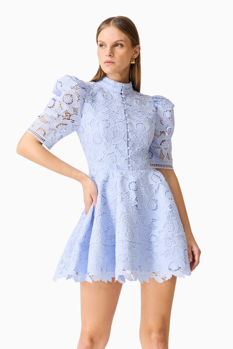 Lacy Puff Sleeve Mini Dress in Powder Blue – Elliatt
