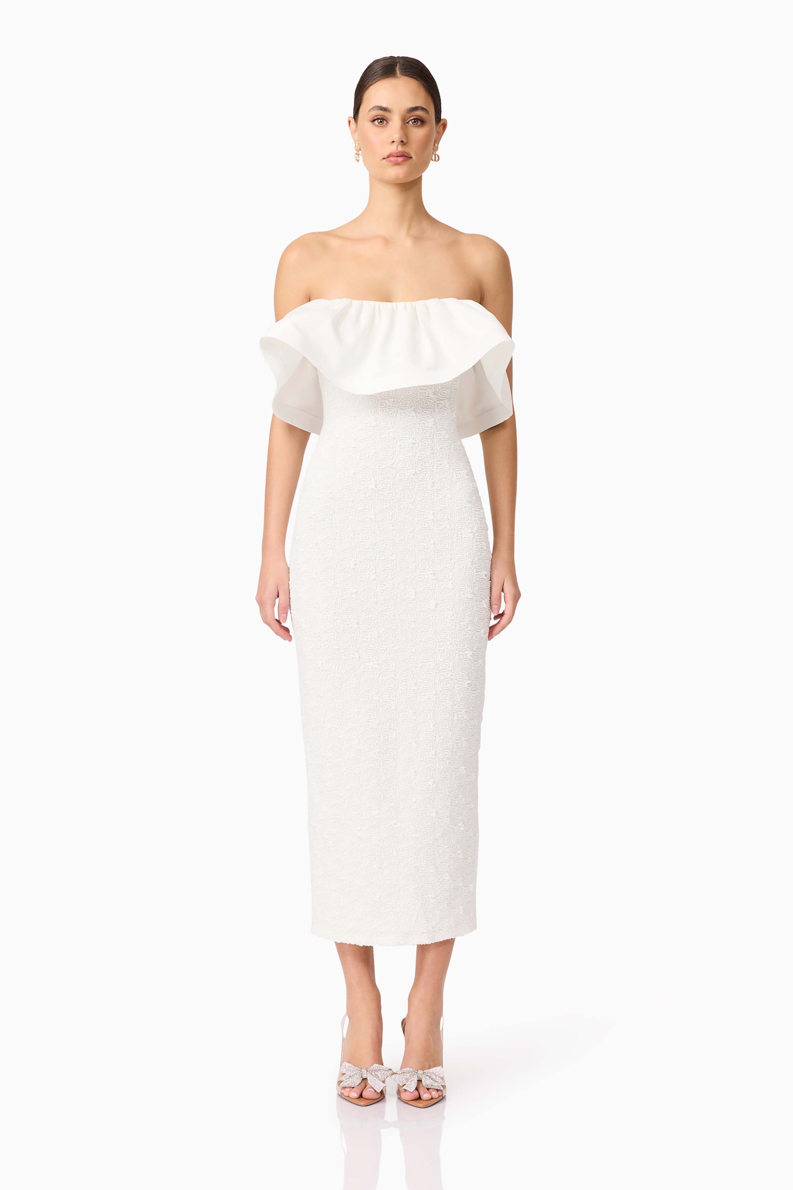 Dandelione Strapless Midi Dress in White | Gathered Tulip Detailing ...