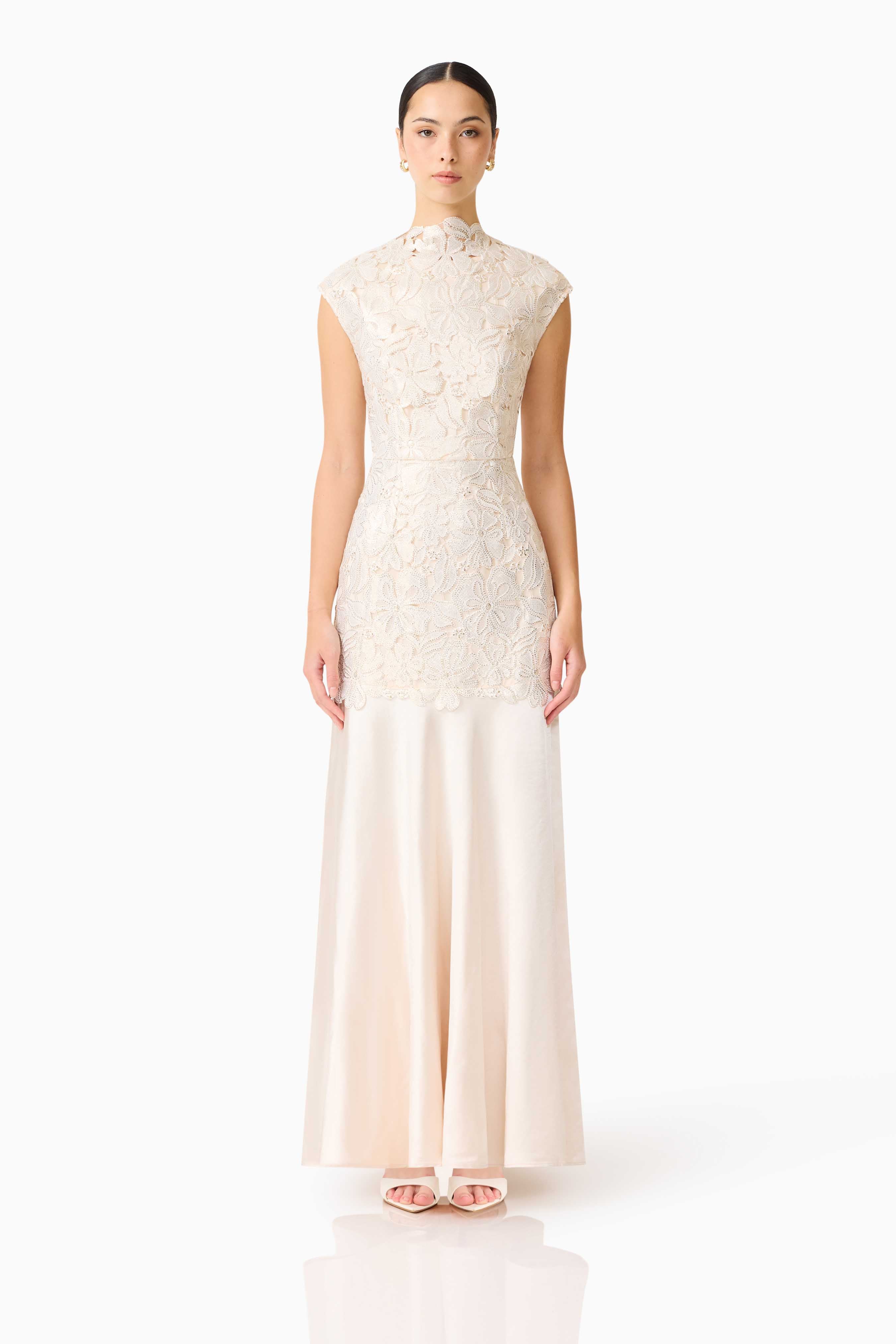 Nicoletta High Neck Gown in Gold | Foil Evening Gown – Elliatt