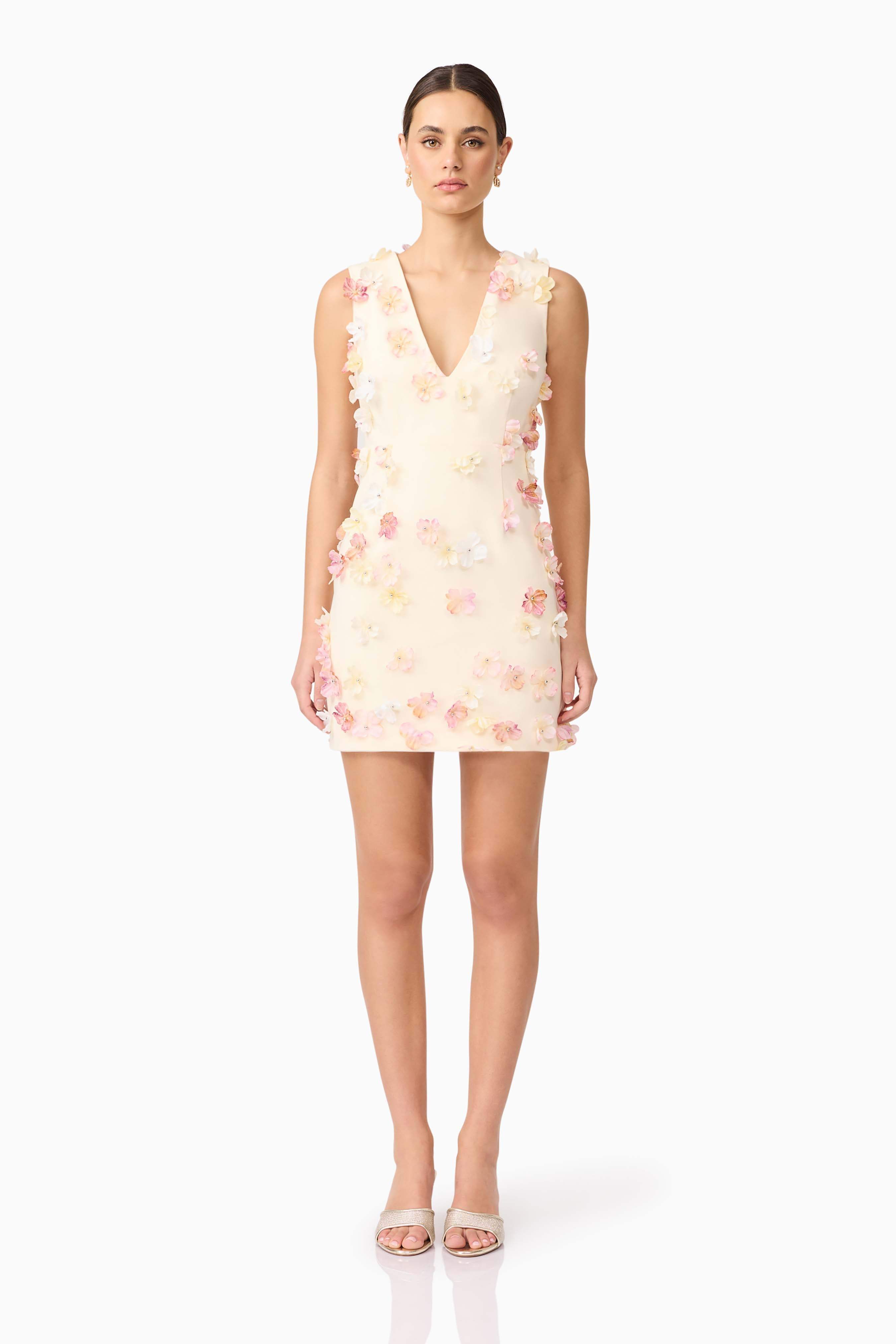 Livia V Neck Mini Dress in Yellow | Floral Detailing – Elliatt