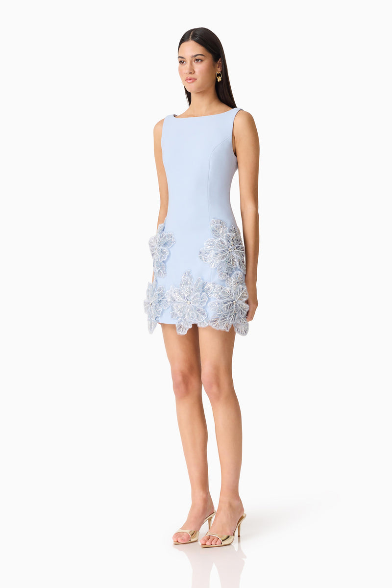Skye Mini Dress in Blue | Beaded Floral Detail – Elliatt