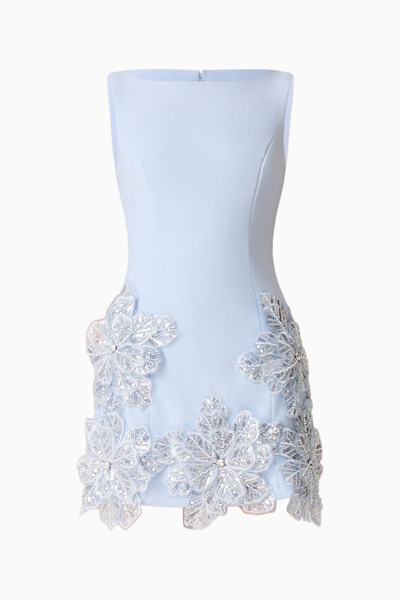Skye Embellished Mini Dress in Blue | Beaded Floral Detail – Elliatt