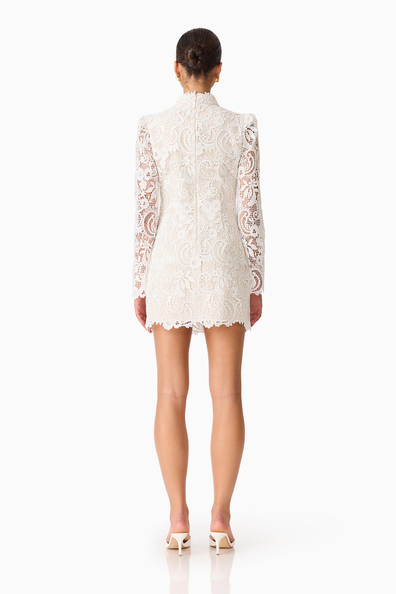 Cora Long Sleeve Mini Dress in White | Lace Detail – Elliatt