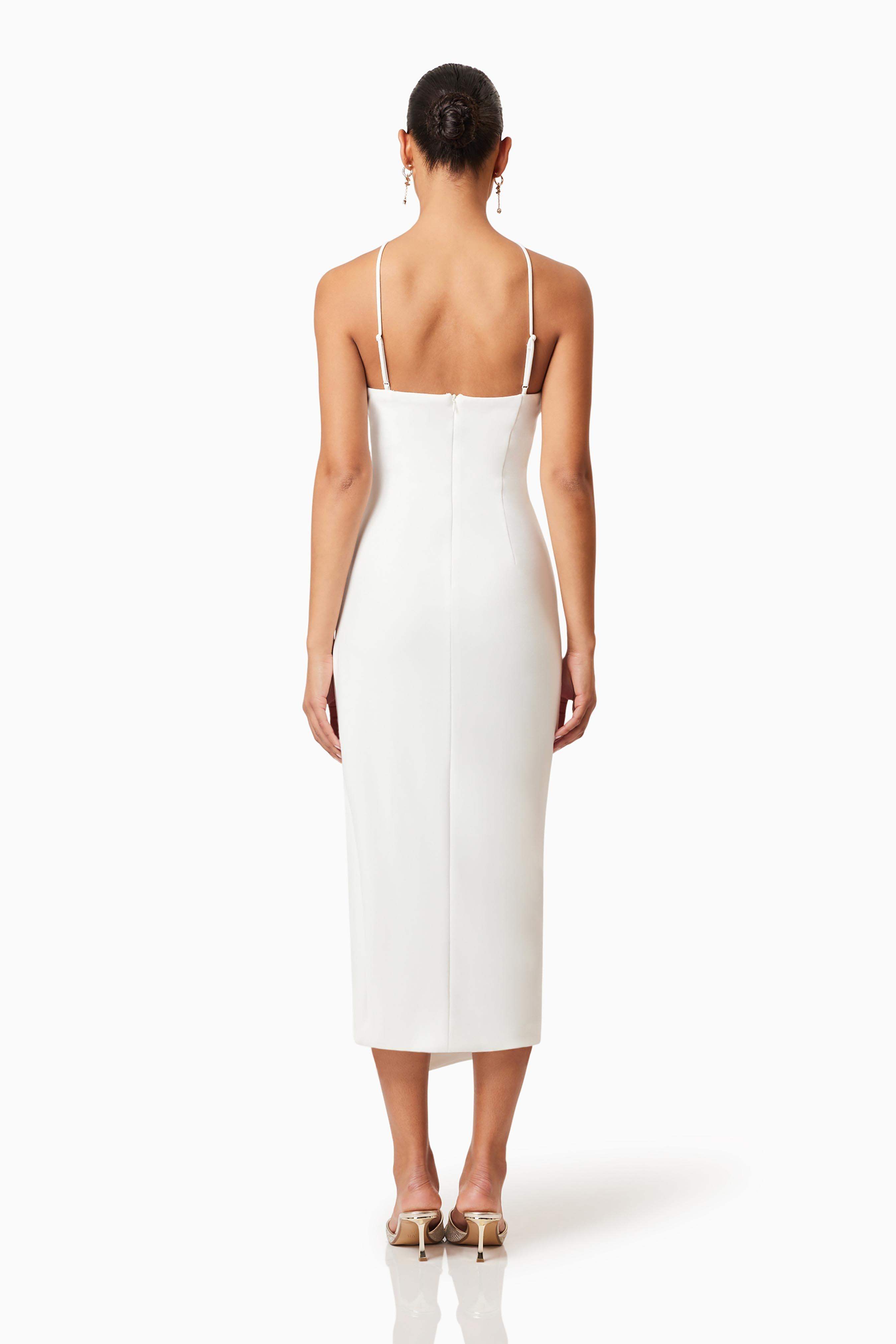 Janelle Midi Dress in White – 3D Flower Neckline Detail – Elliatt