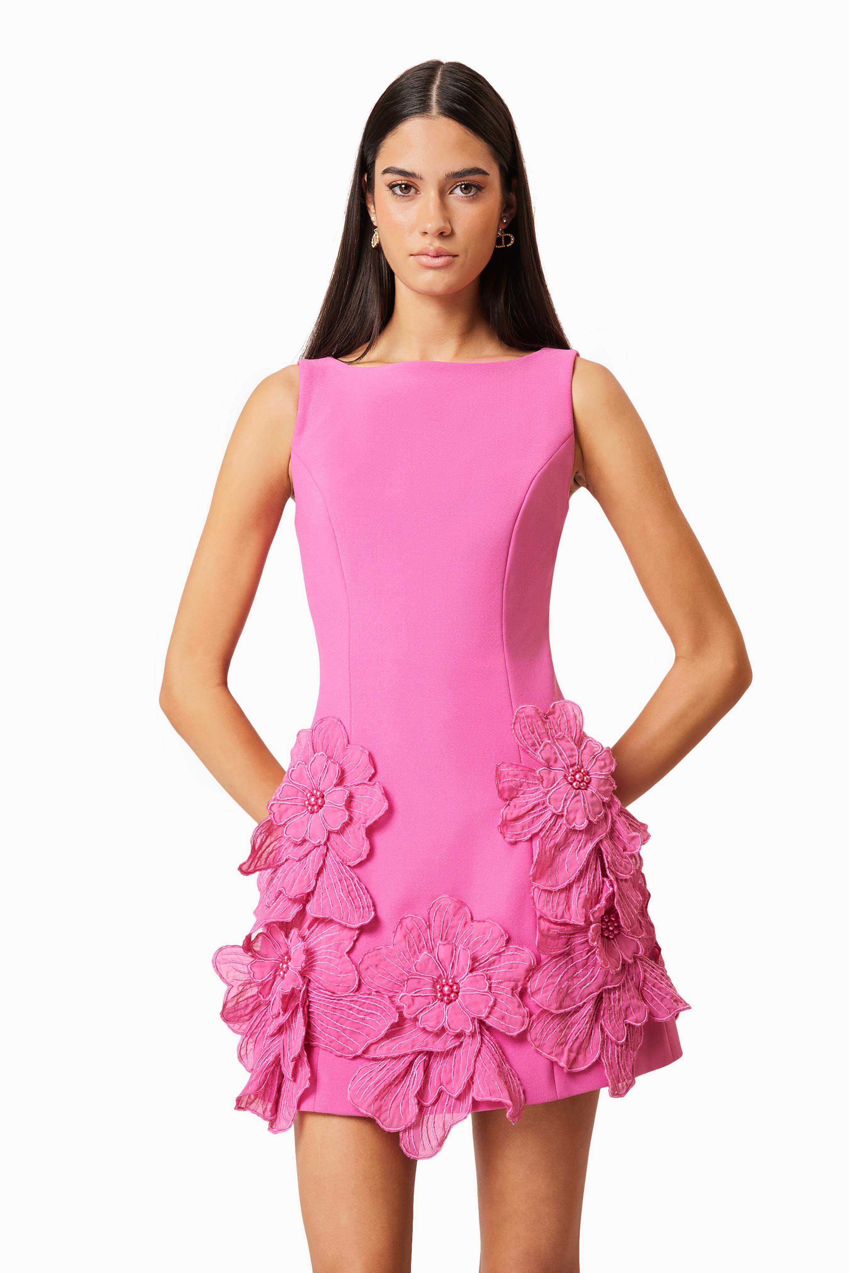 Janelle Mini Dress In Pink | 3D Floral Details – Elliatt