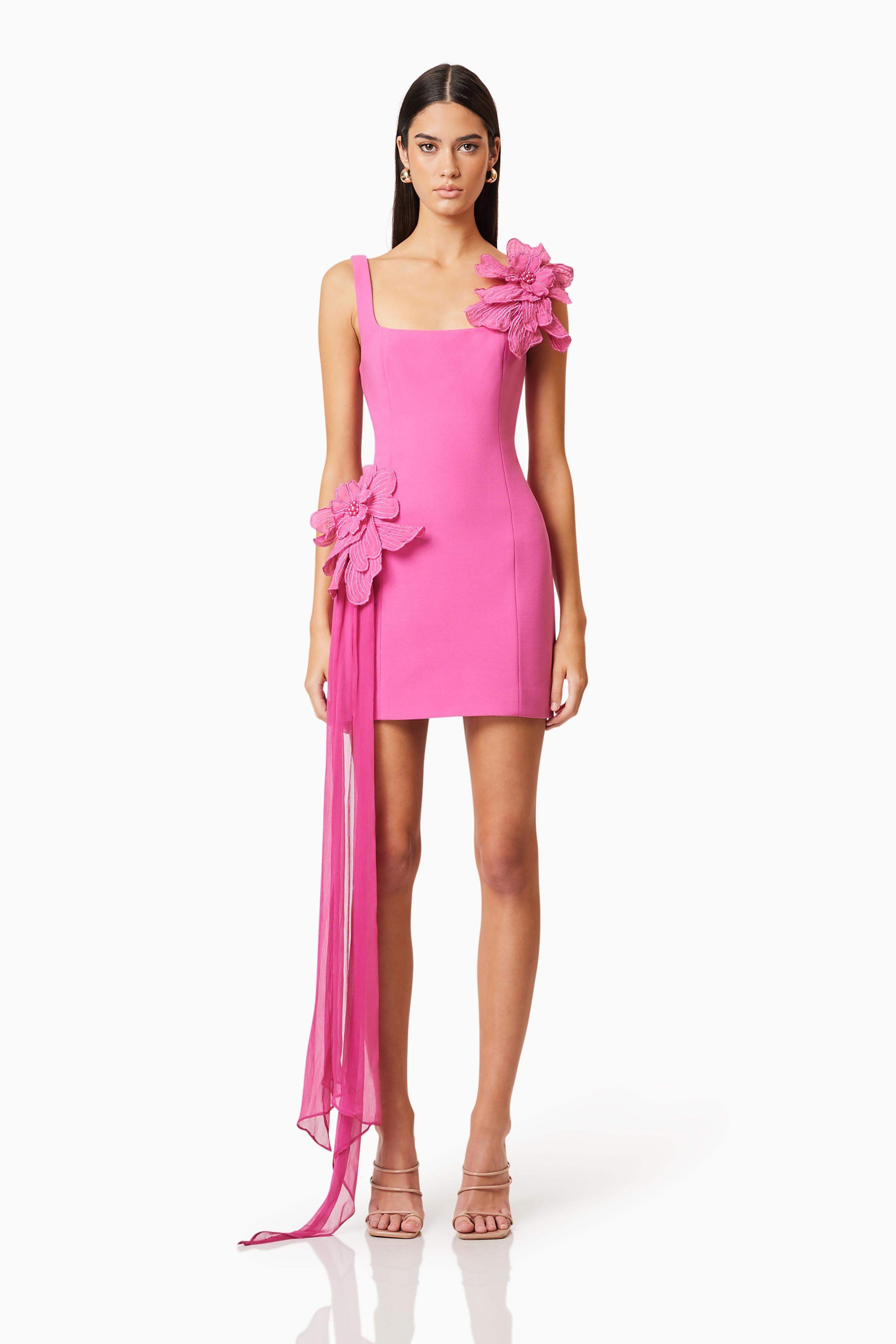 Janelle Party Mini Dress In Pink | 3D Flowers – Elliatt