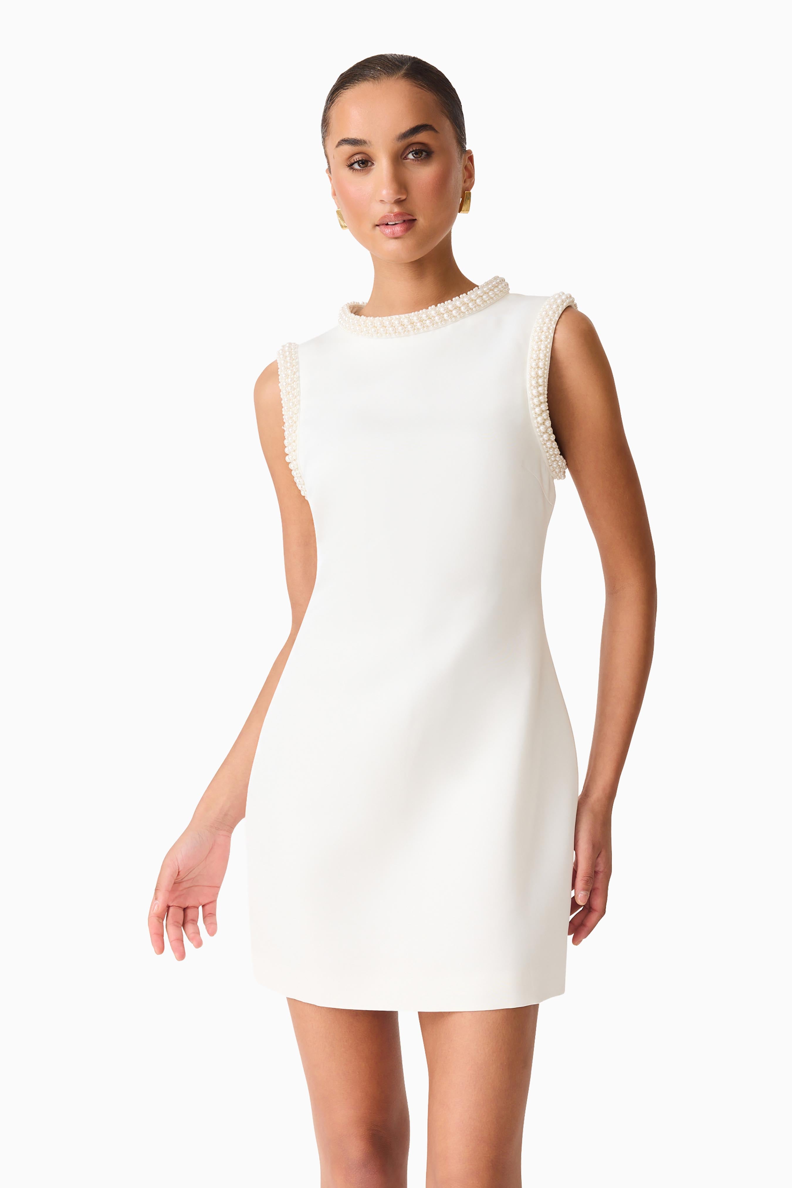 Sia Shift Mini Dress in White | Pearl Trim Detail – Elliatt
