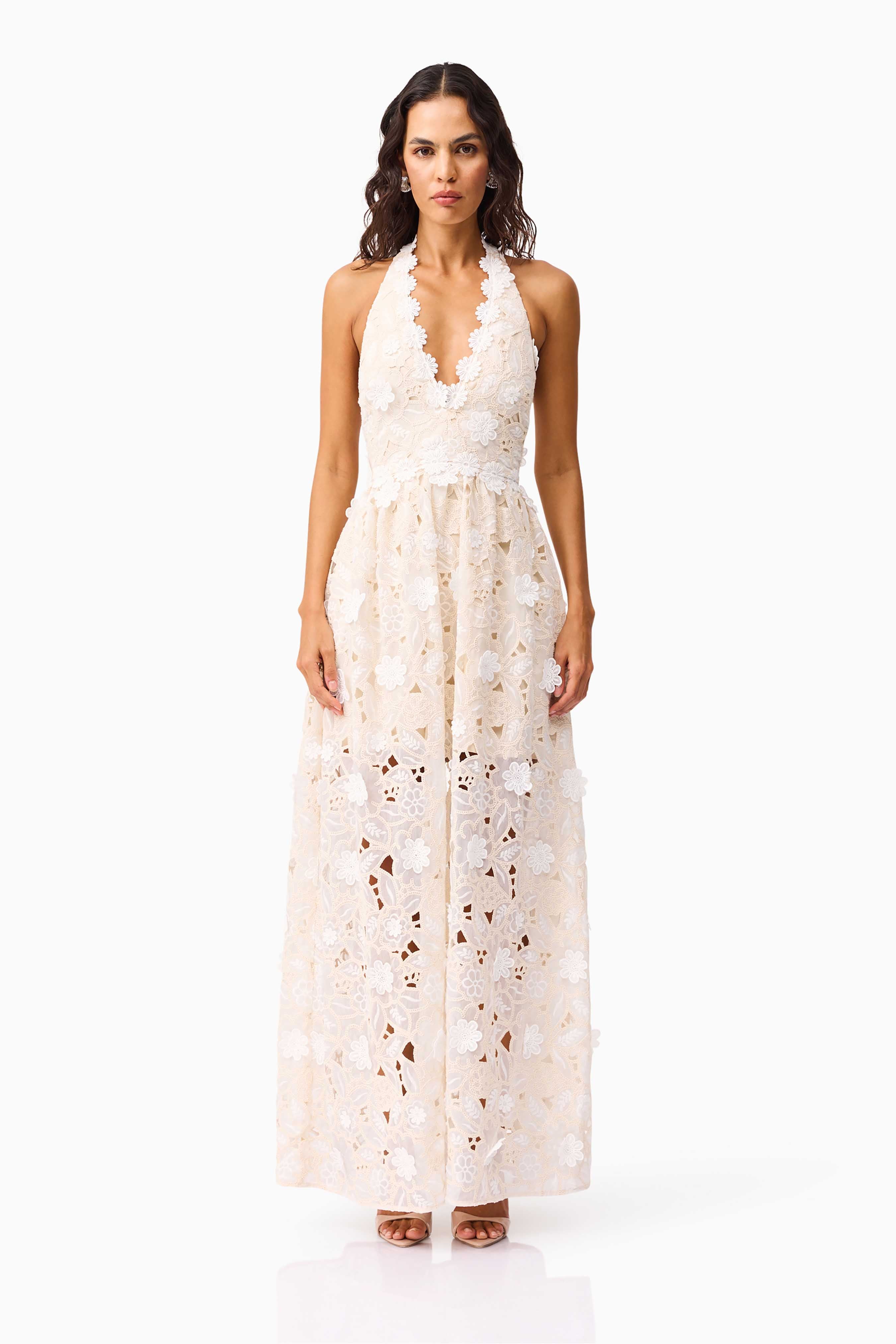 Sienna V-Neck Gown in Cream | Floral Trim & Lace Detail – Elliatt