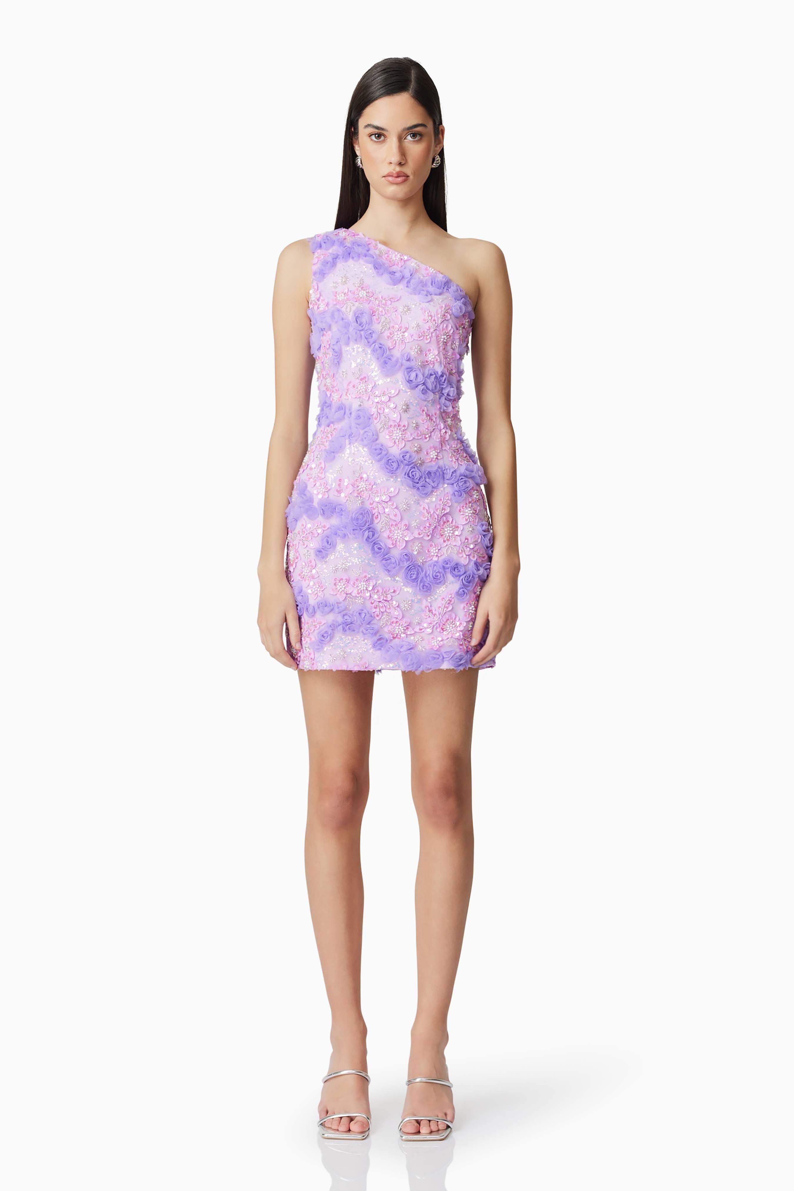 Vonni One Shoulder Mini Dress in Purple | 3D Detailing – Elliatt