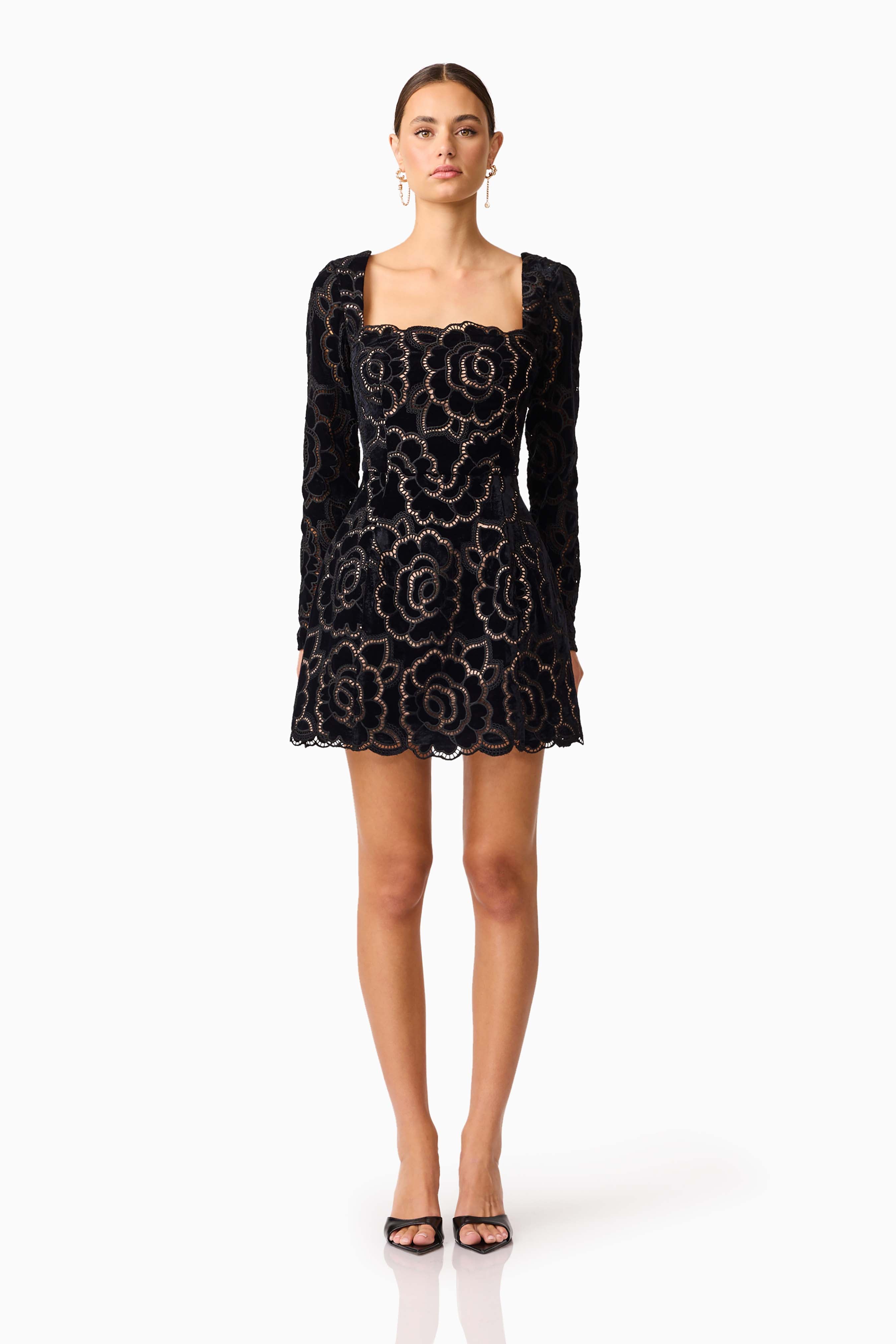 Eris Long Sleeve Mini Dress in Black – Velvet Lace Fabrication – Elliatt