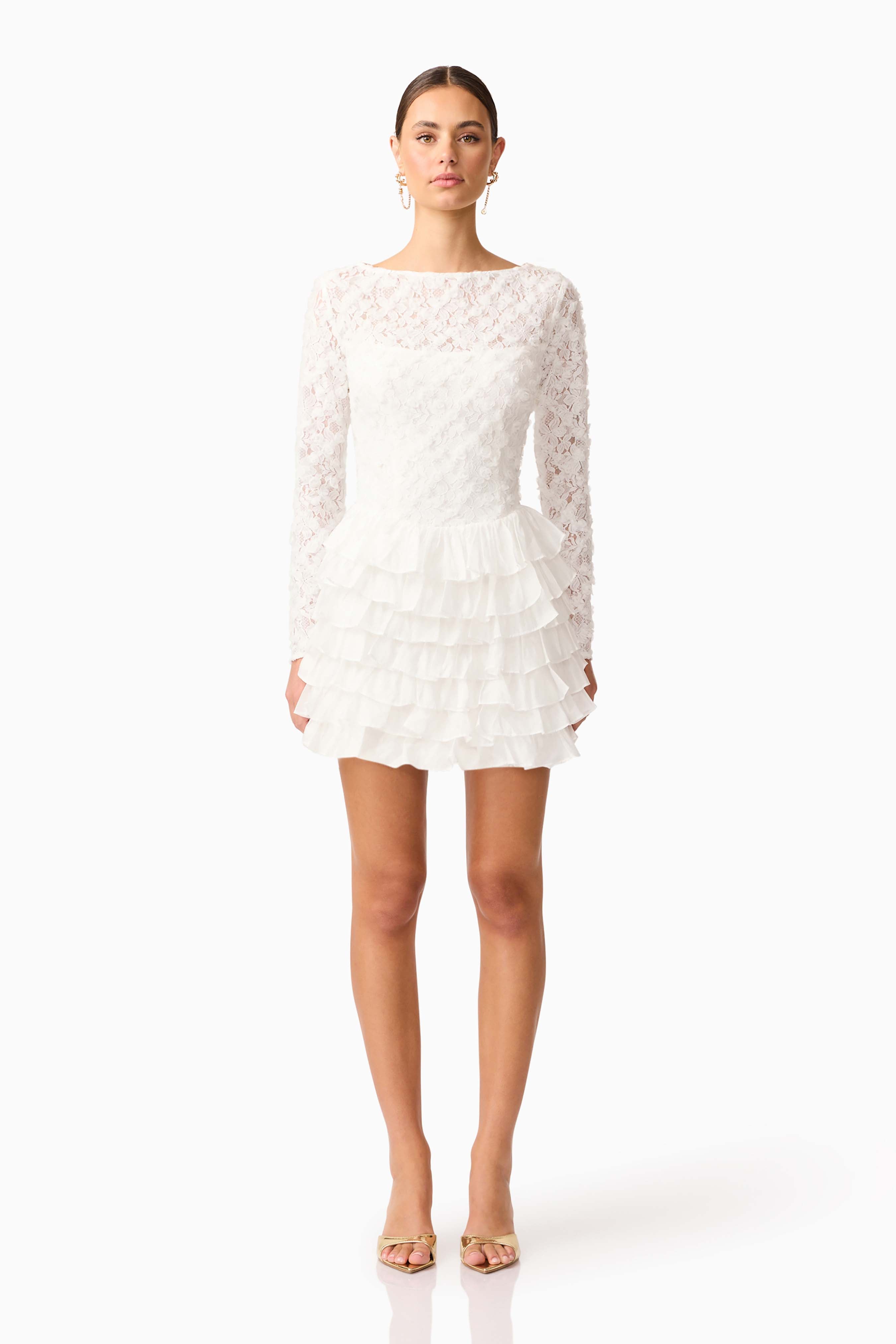 Athena Long Sleeve Lace Mini Dress in White | Frill Detailing – Elliatt