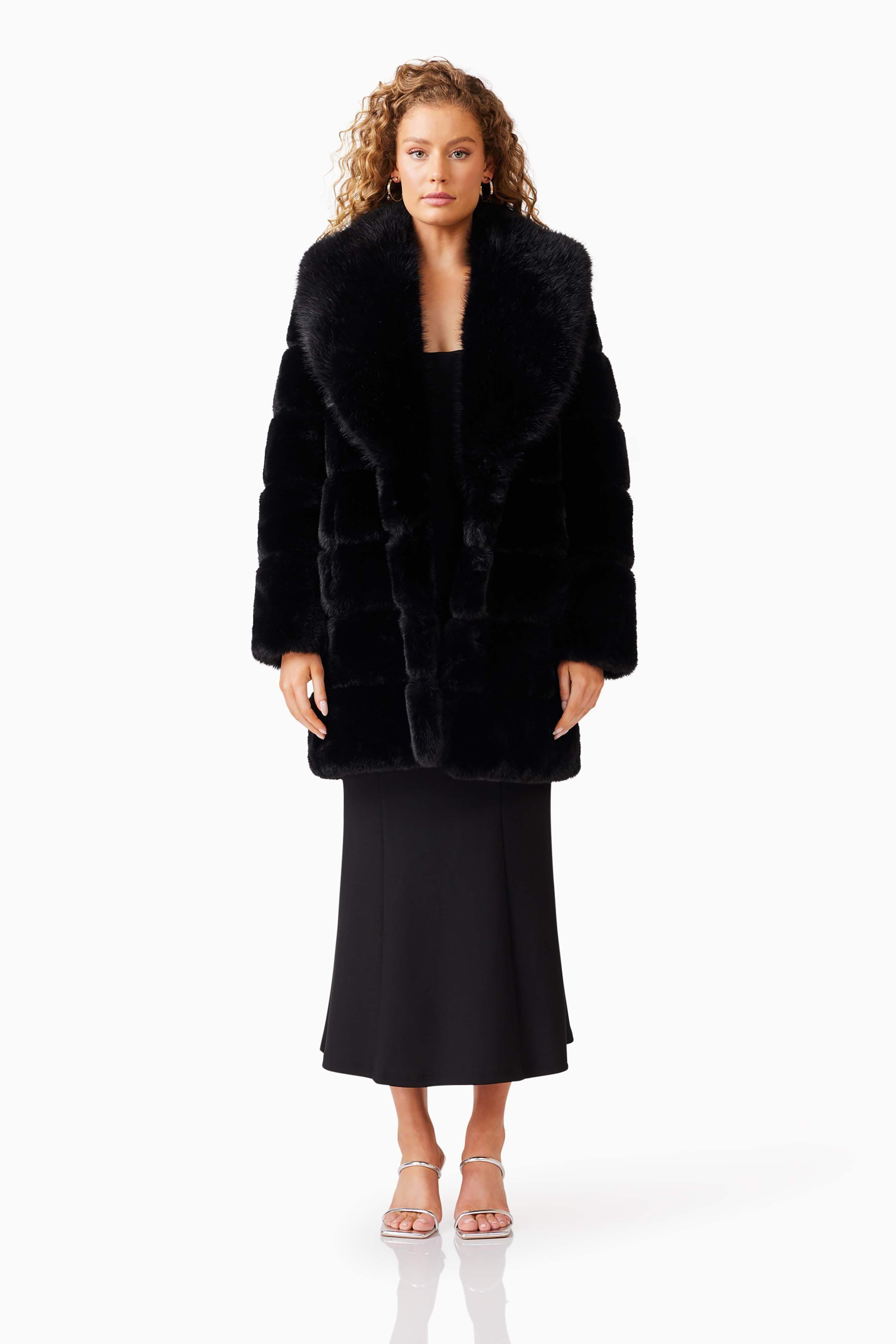 Keystone Faux Fur Coat in Back | Chic Knee Length Faux Fur – Elliatt
