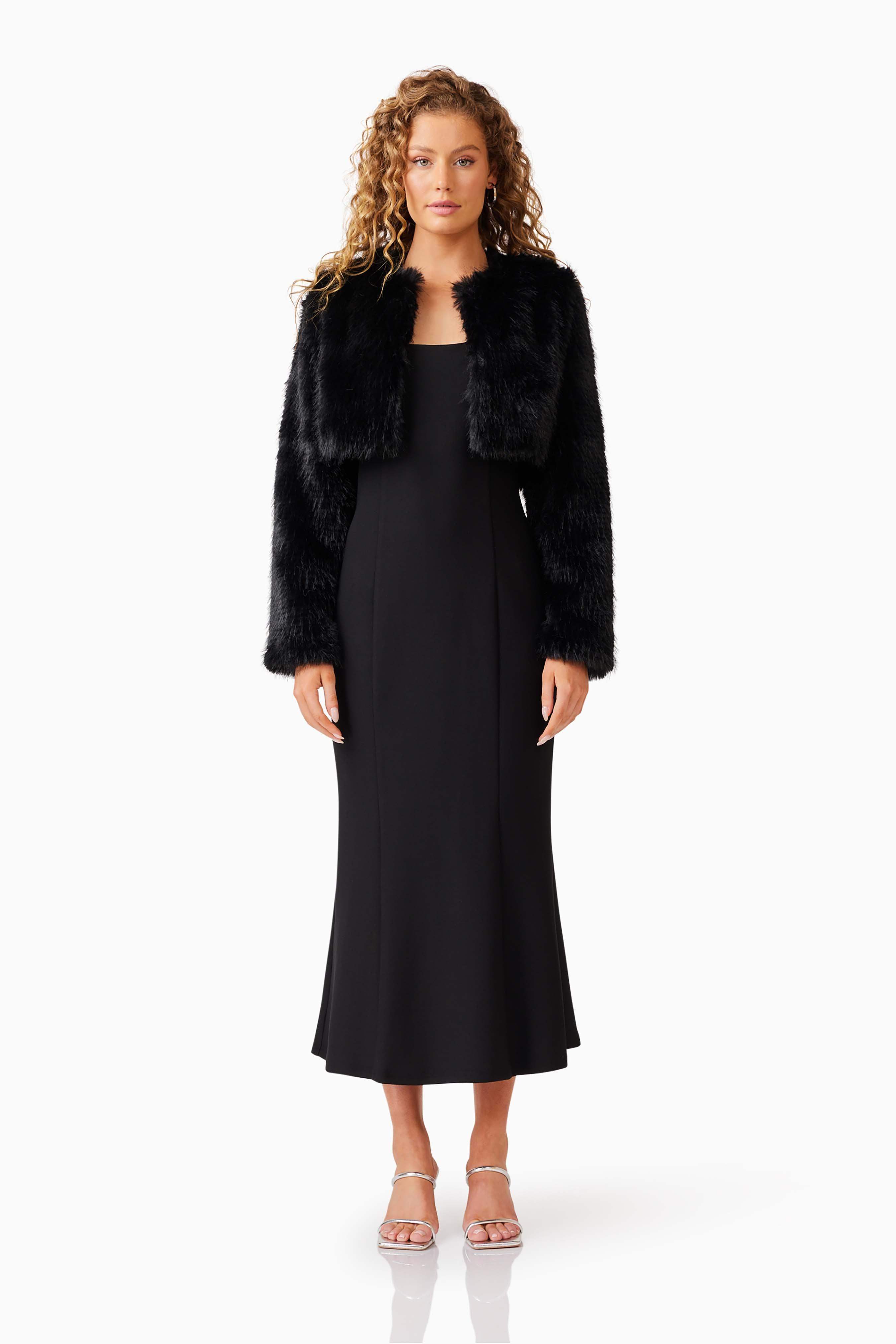 Desiree Cropped Jacket in Black | Faux Fur Open Front Design – Elliatt