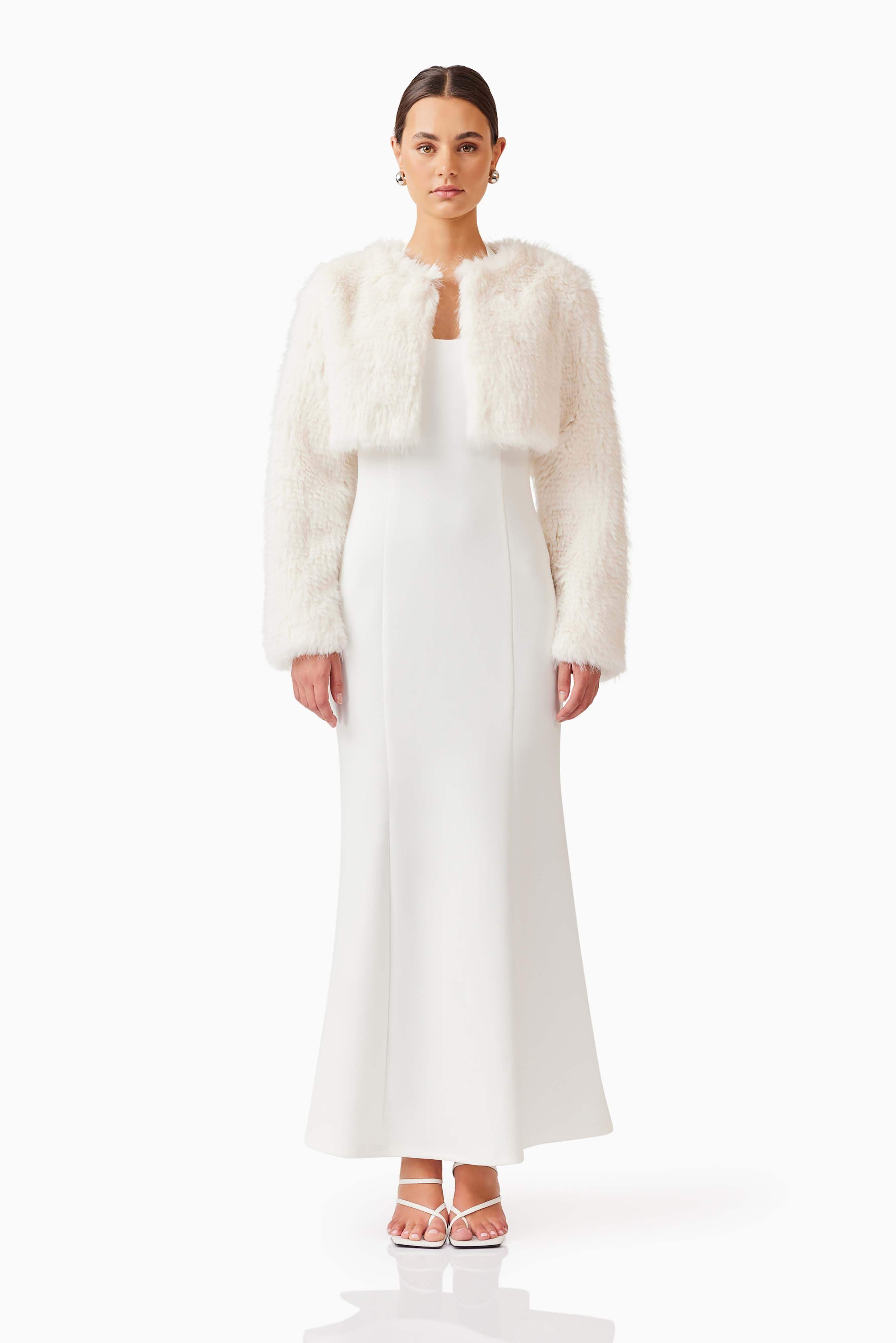 Desiree Cropped Jacket in White | Luxe Faux Fur Open Front – Elliatt
